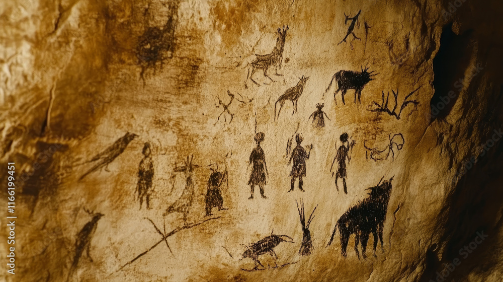 Prehistoric cave with drawings on wall. Vector cartoon illustration of ...