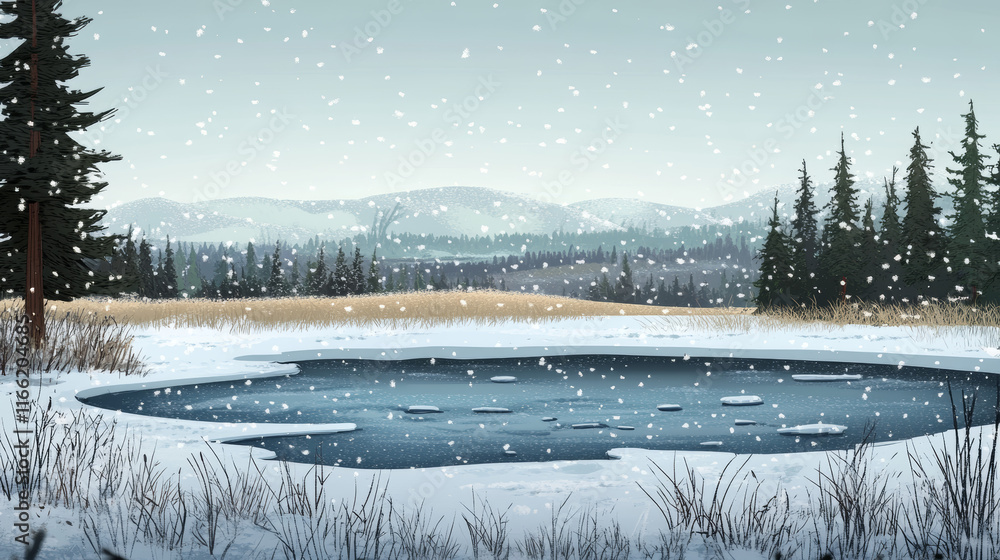 Snow field with frozen pond, conifers and hills on horizon. Vector ...