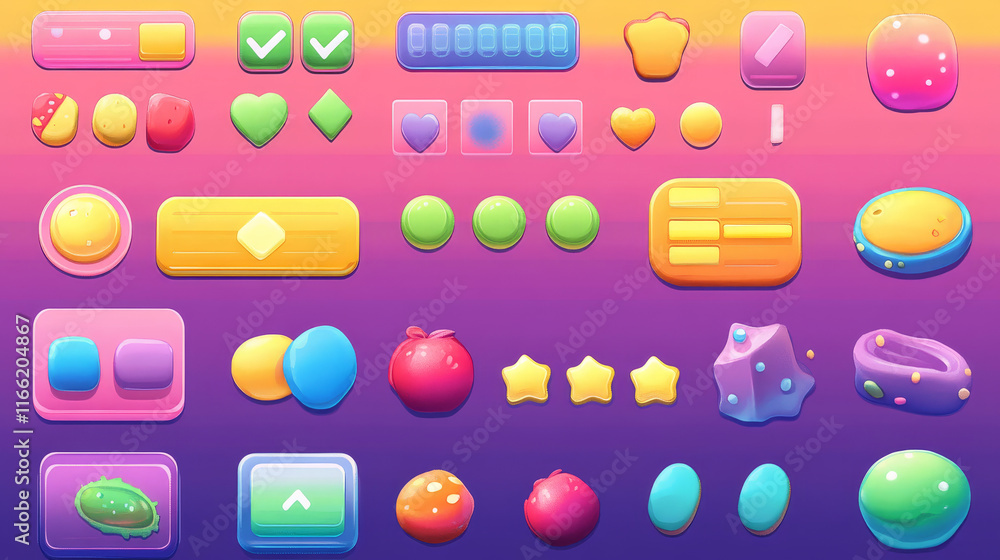 Glossy game buttons, boards and bars with candy and chocolate texture ...