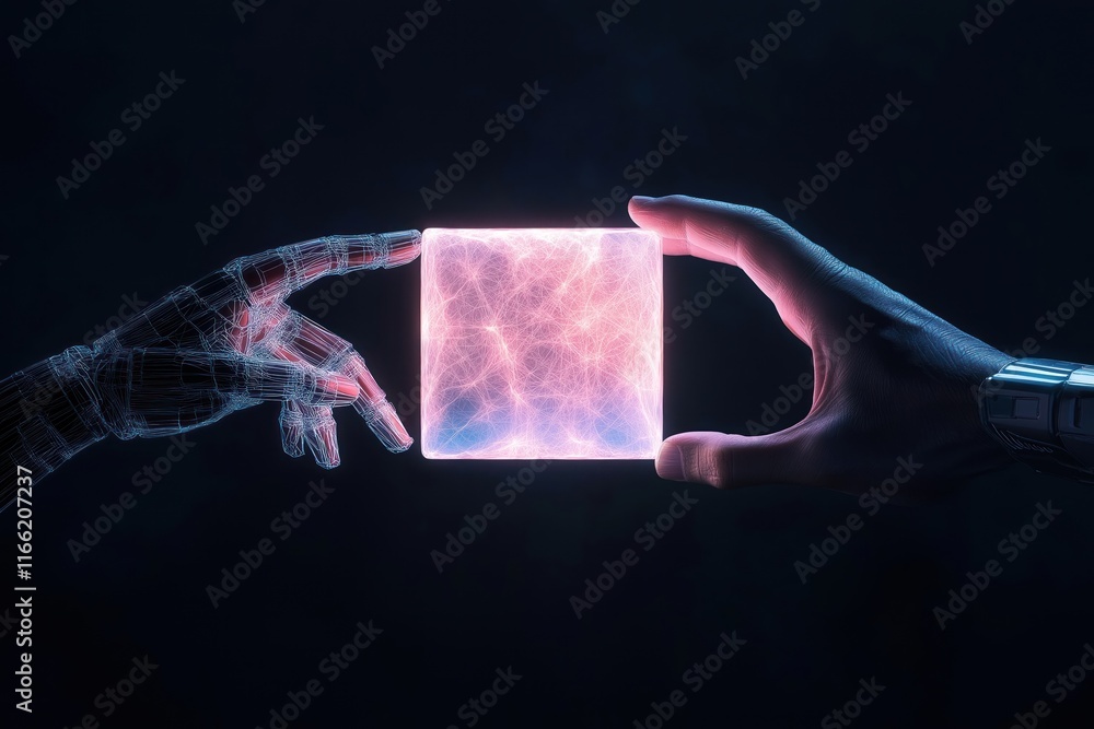 Futuristic image shows human hand, robotic hand reaching for glowing ...