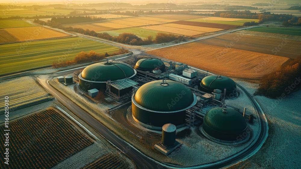 Rural biogas plant processes agricultural waste surrounded by farmland ...