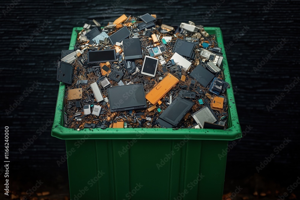Green container filled with electronic waste. Obsolete devices like ...