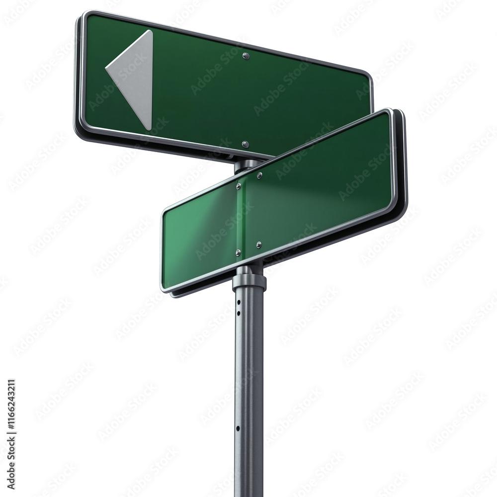 Two blank green road signs with direction arrow on transparent ...