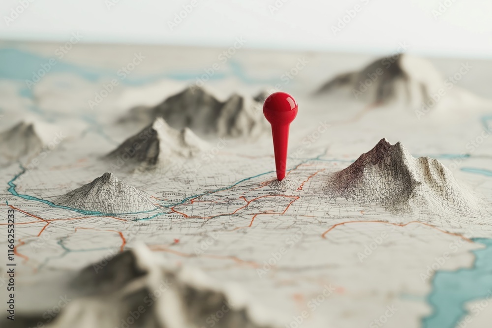 Stock-Foto „Detailed 3D map shows mountainous region. Red pushpin marks ...