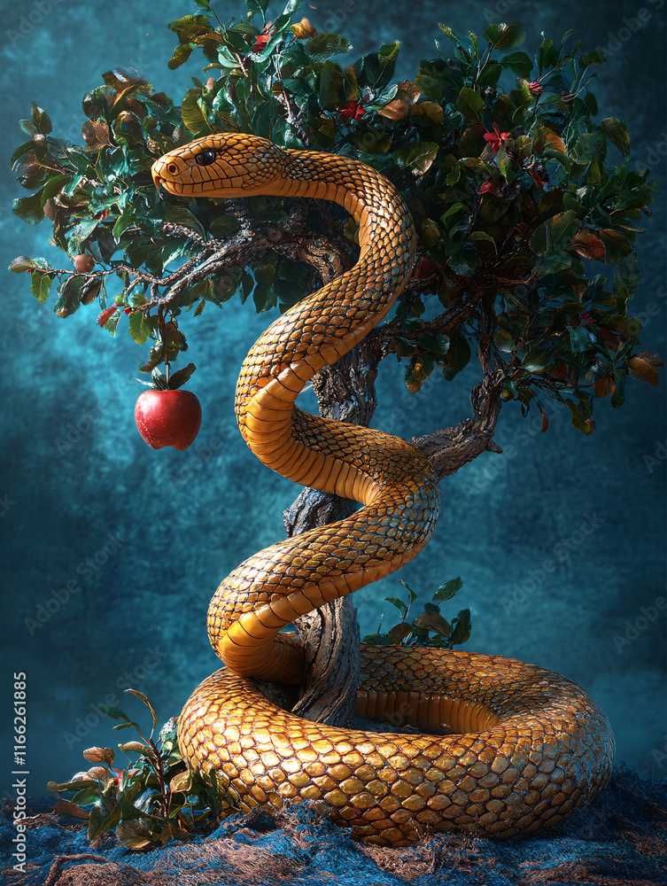 Golden serpent coiled around a tree with a hanging red apple, representing temptation and the ...
