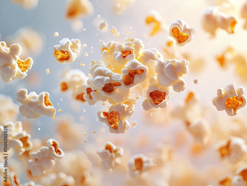 Explosive popcorn kernels floating and flying in dynamic motion ...