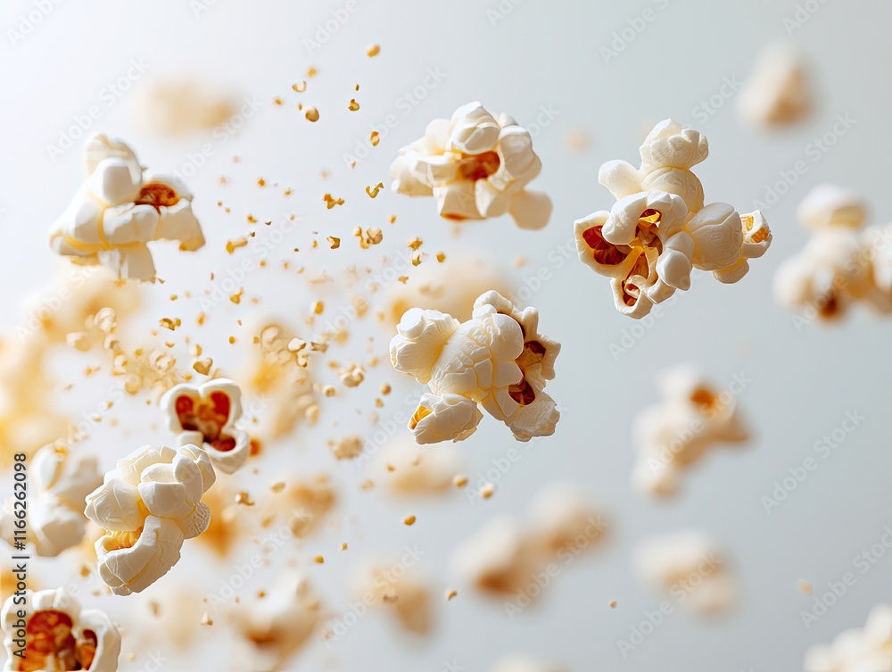 Explosive popcorn kernels floating and flying in dynamic motion ...
