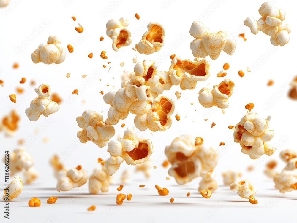Explosive popcorn kernels floating and flying in dynamic motion ...