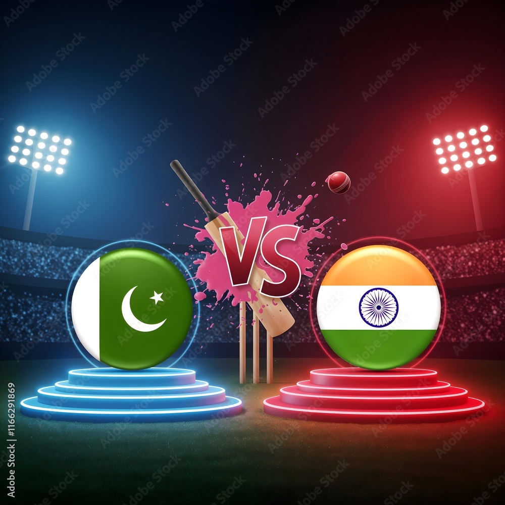 Pakistan Vs India cricket event featuring 3D flag shields, glowing ...