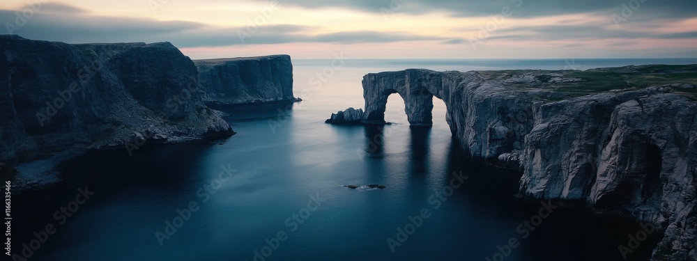 A breathtaking aerial perspective of rugged sea cliffs and arches along ...