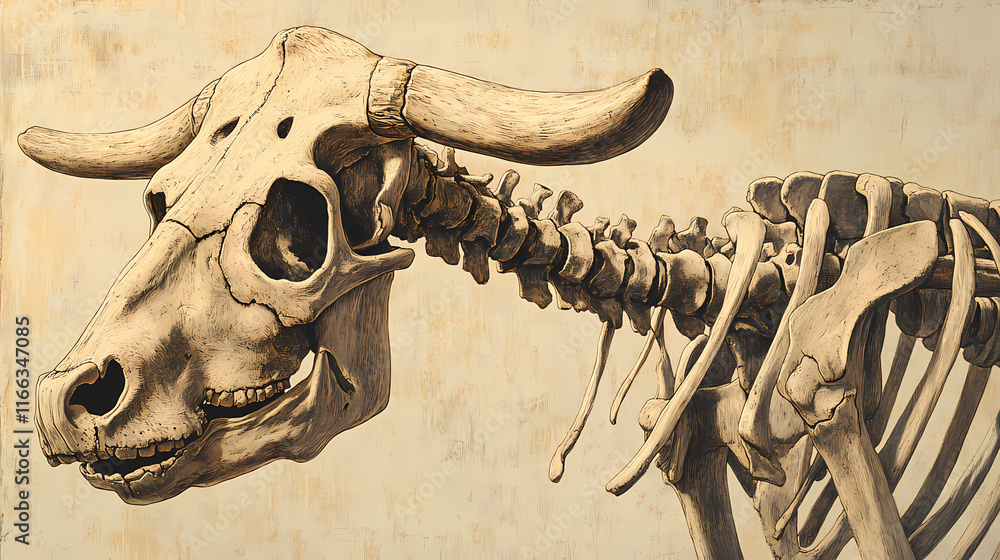 Close-up of a cow skeleton showing the anatomy and structure of the ...