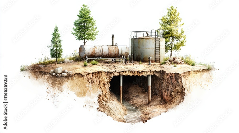 Cross-sectional view of underground fuel storage tanks, illustrating ...