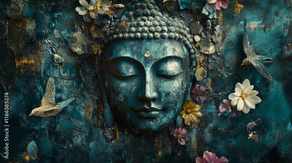 abstract, beautiful Magical, Mystical image of a buddha, painted metal ...