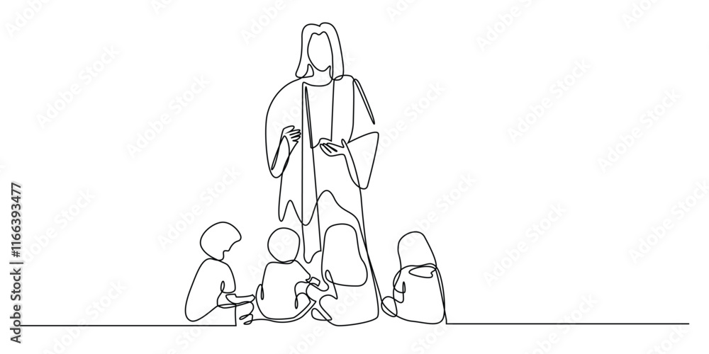 continuous line drawing of the Lord Jesus telling stories to children ...