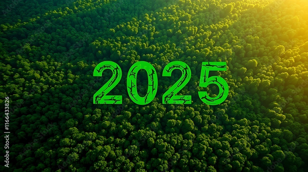 an aerial view of a lush green forest in 2025, a world map incorporated ...