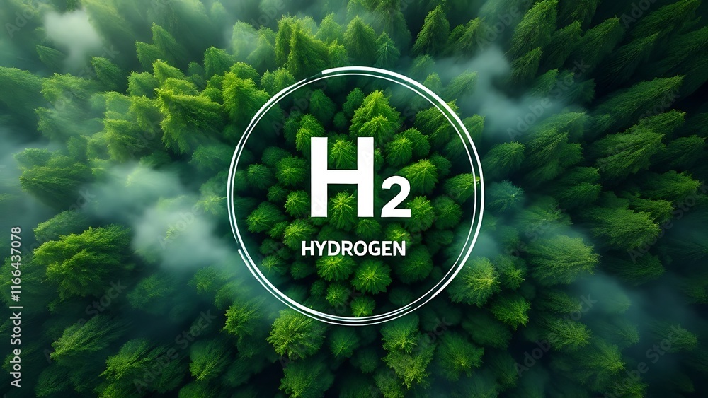 ภาพถ่าย Stock words H2 hydrogen in bubbles on a forest background.H2 ...