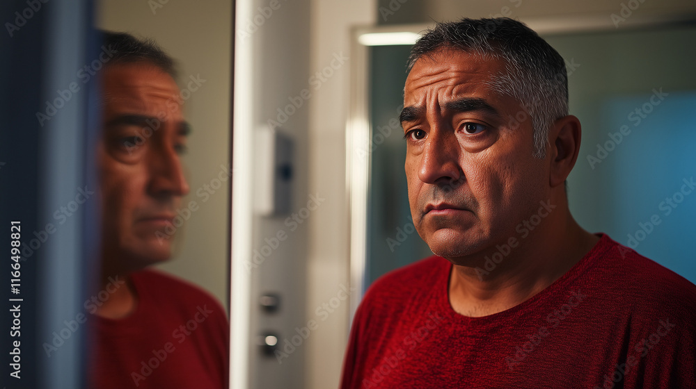 Person examining thinning hair in mirror, reflecting on aging and self ...