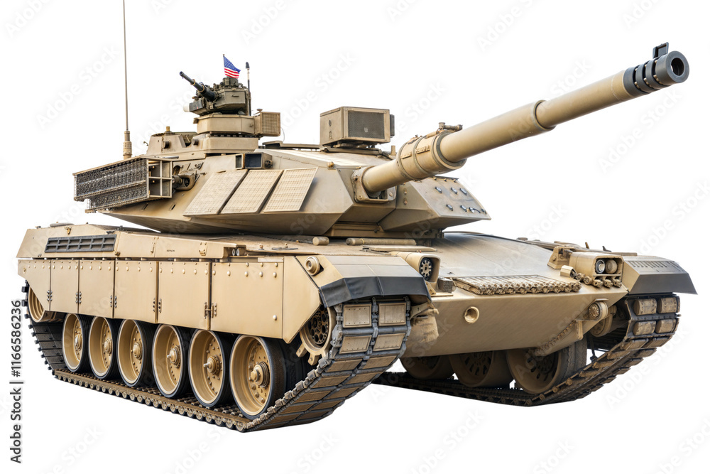 Modern Military Tank with Large Cannon - Isolated view of a modern tan ...