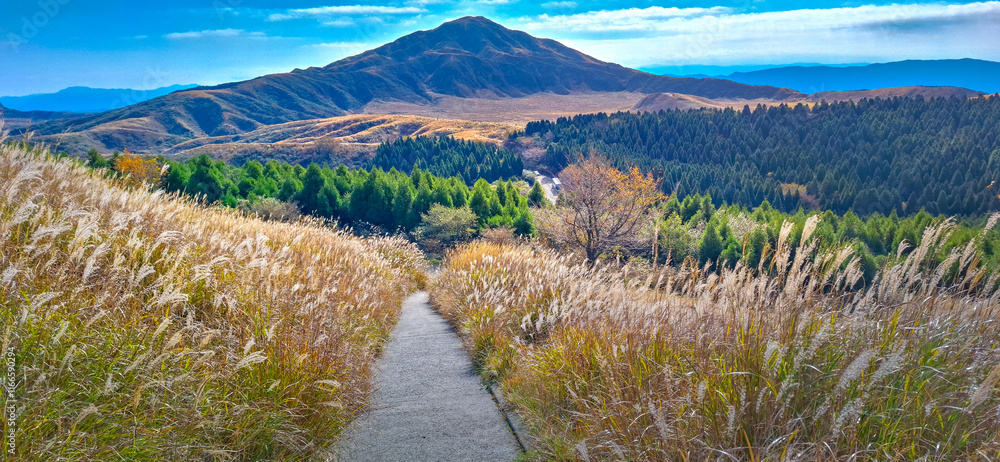 Mount Aso, or Aso Volcano, the largest active volcano in Japan stands ...