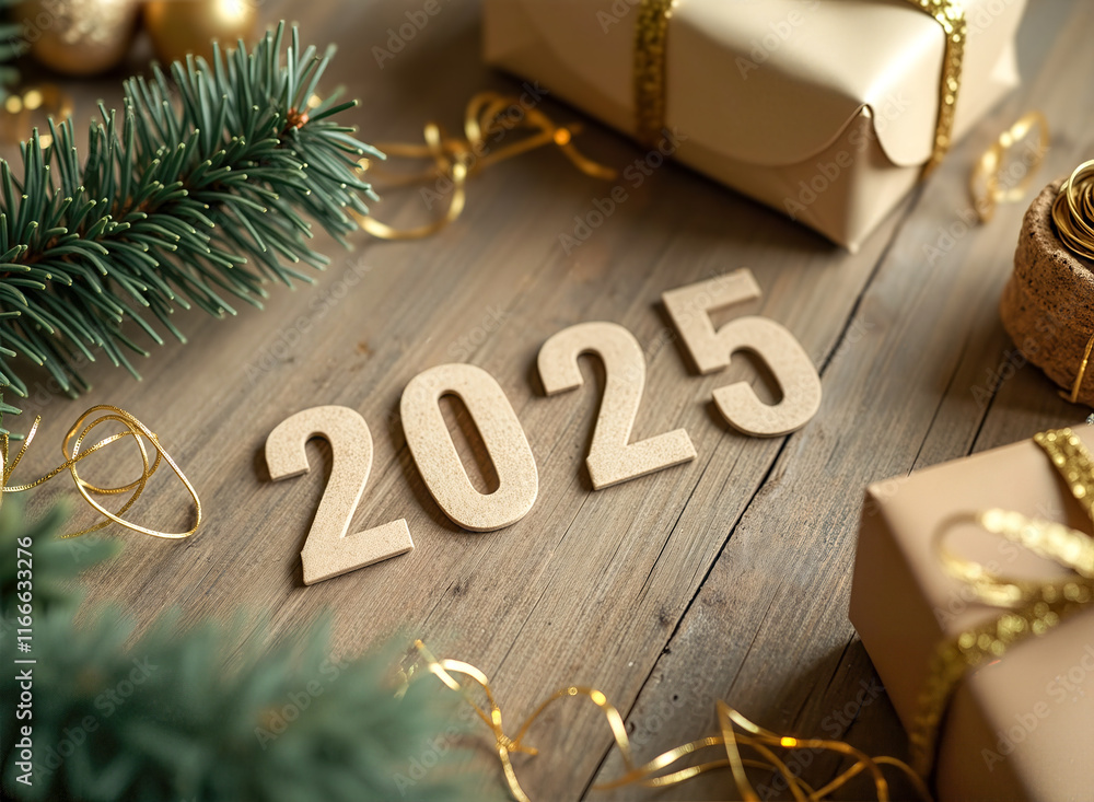 wooden 2025 numbers with festive decorations Stock Photo | Adobe Stock