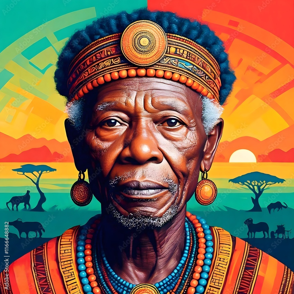 Majestic Portrait of an Elderly African Man in Traditional Tribal ...