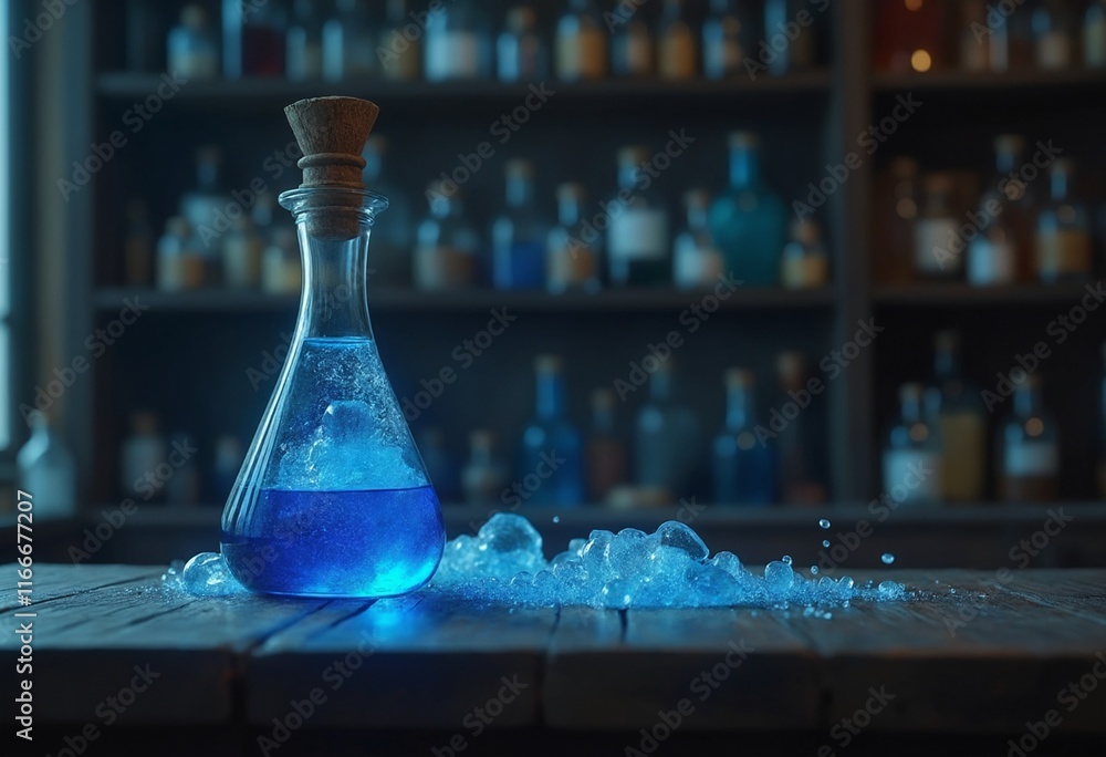Blue mana potion on a table in a potion shop - Game concept Stock ...