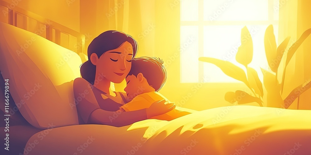 2D animation cartoon of mom and son cuddling in bed, bright, modern ...