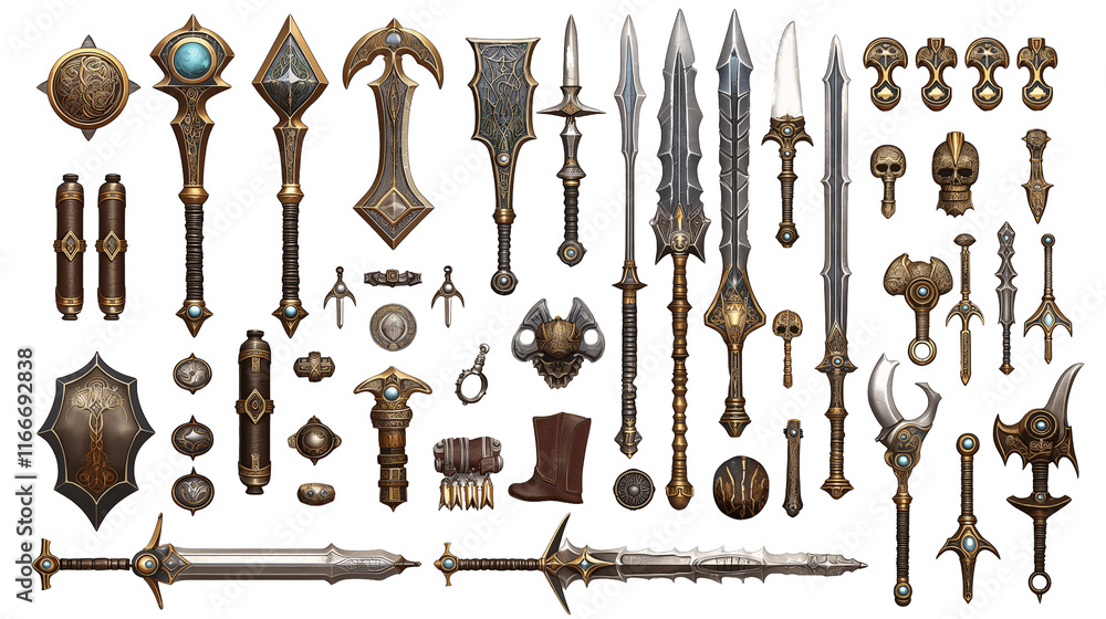 Collection of various medieval fantasy-themed weapons and artifacts on ...