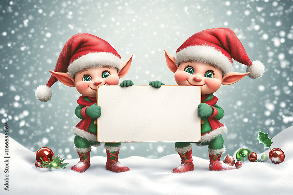 Two cheerful elves in Santa hats hold a blank sign in a snowy festive ...