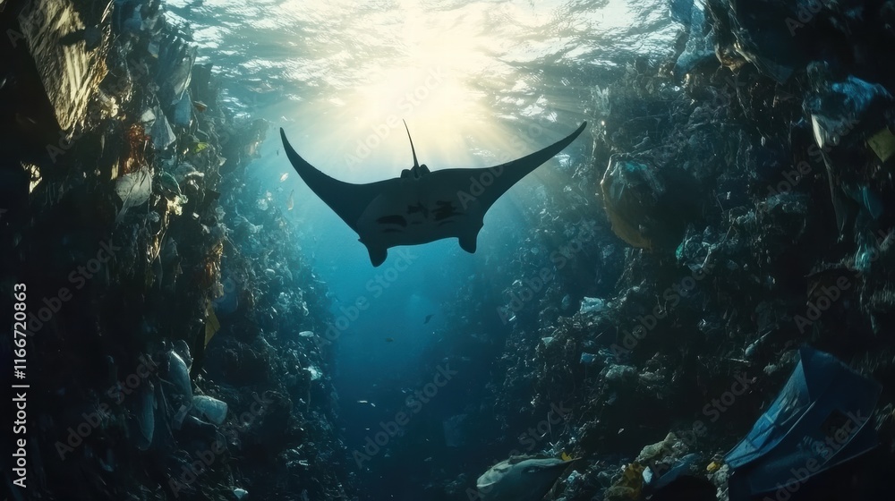 Manta Ray Gliding Through Underwater Garbage Ocean Depths Image ...