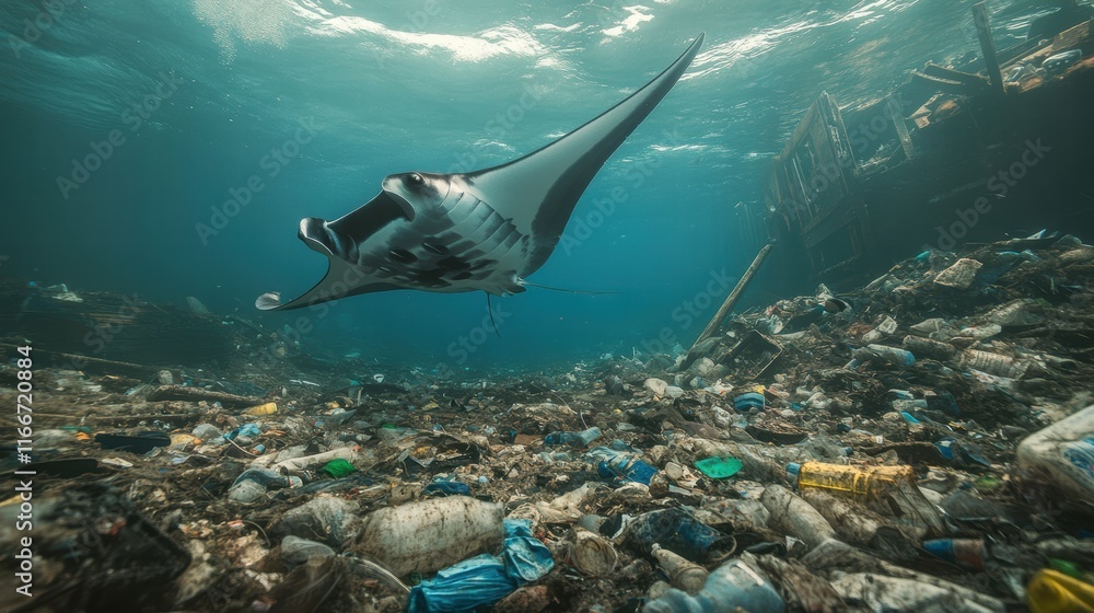 Manta Ray Gliding Through Ocean Trash Underwater Image Marine Environment Plastic Pollution ...