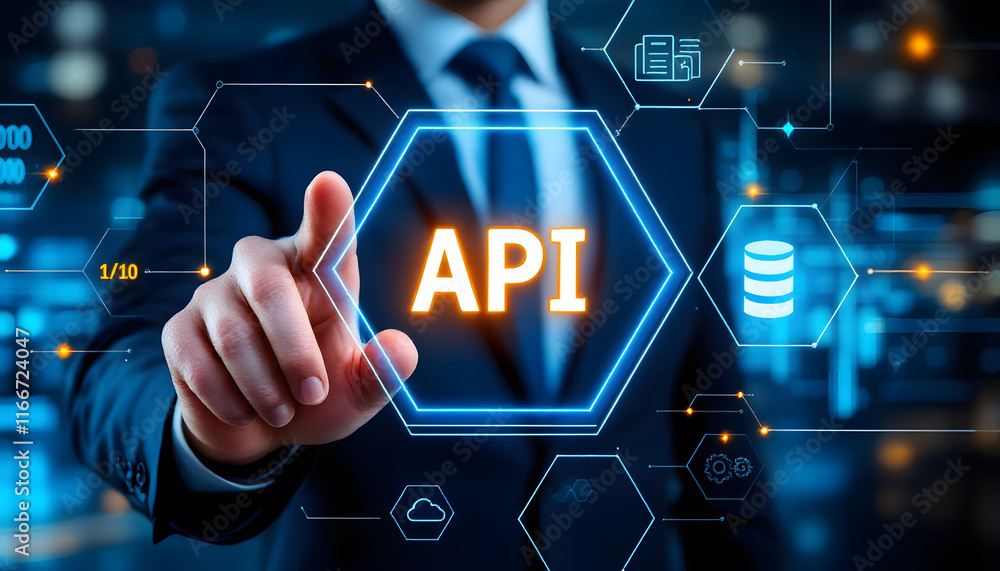 API Concept, Man Pointing at Digital Interface with Icons, Application ...