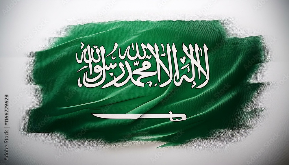 The flag of Saudi Arabia with its green background, Arabic inscription ...