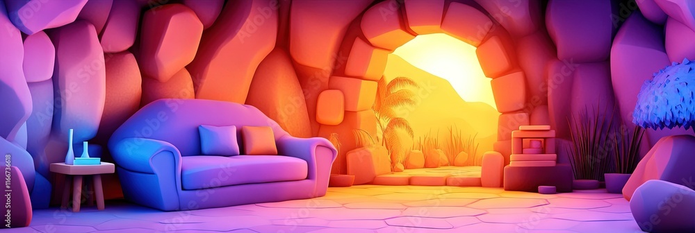 2d cartoon stone living room, cave interior, well lit, prehistoric ...
