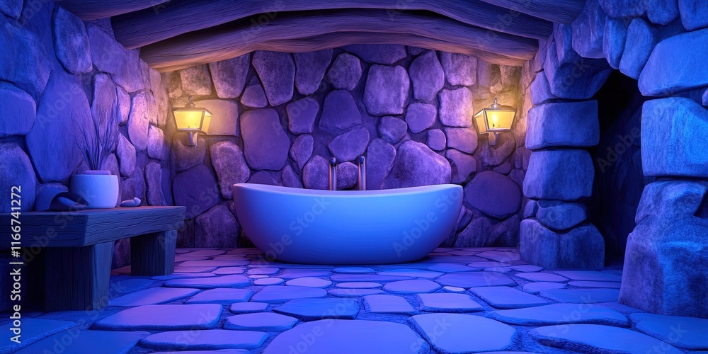 2d animated cartoon stone bathroom, cave interior, well lit ...