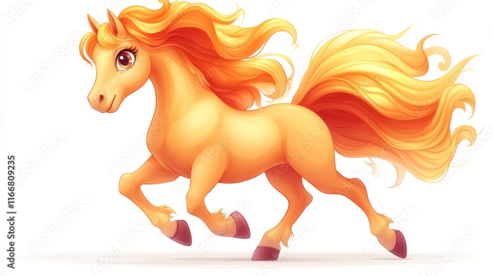 Cute cartoon golden pony running with flowing mane and tail on white ...