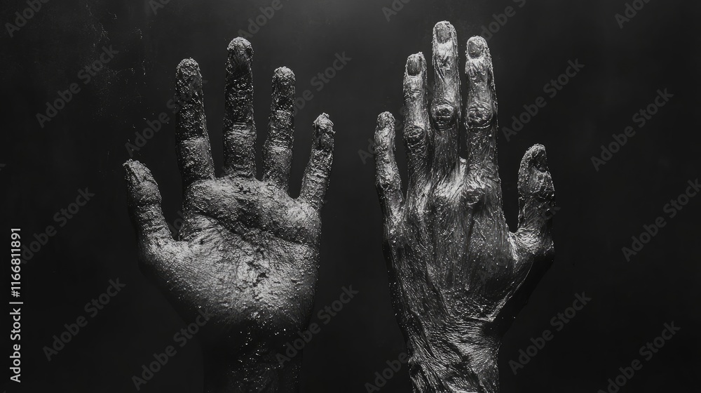 Contrast of human hands uplifted in a textured dark environment ...