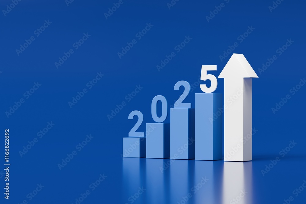 3d Bar chart finance and upward arrow success icon. 2025 growth concept ...