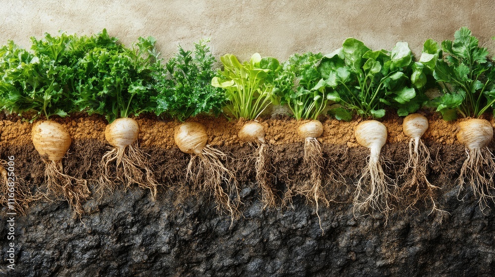 Cross section view of various crops illustrating root systems on a ...