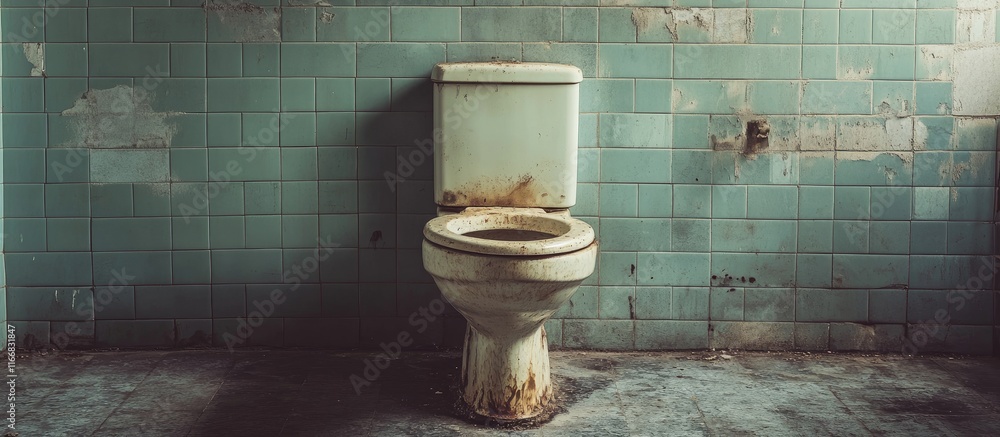 Neglected ceramic toilet in aged restroom with stained walls ...