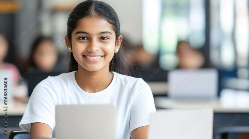 Indian teenage girl studying in classroom using computer laptop Stock ...