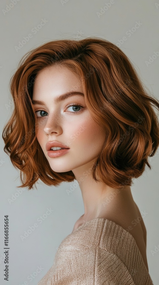 Stylish woman with short wavy lob (long bob), chestnut brown hair ...