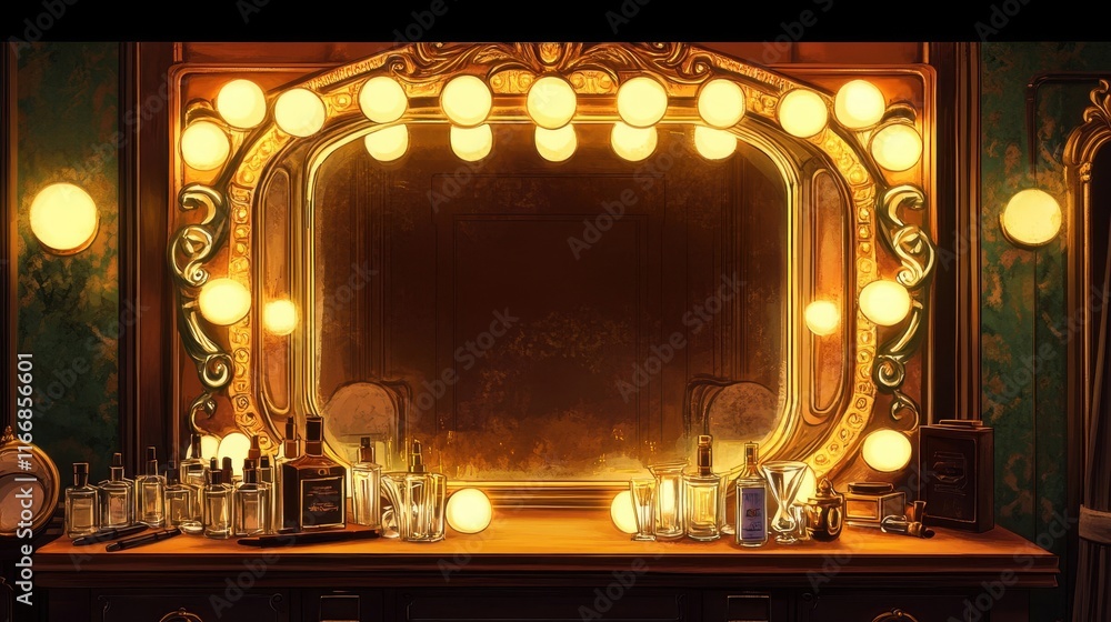 1920s jazz club dressing room with art déco mirror vanity cluttered ...