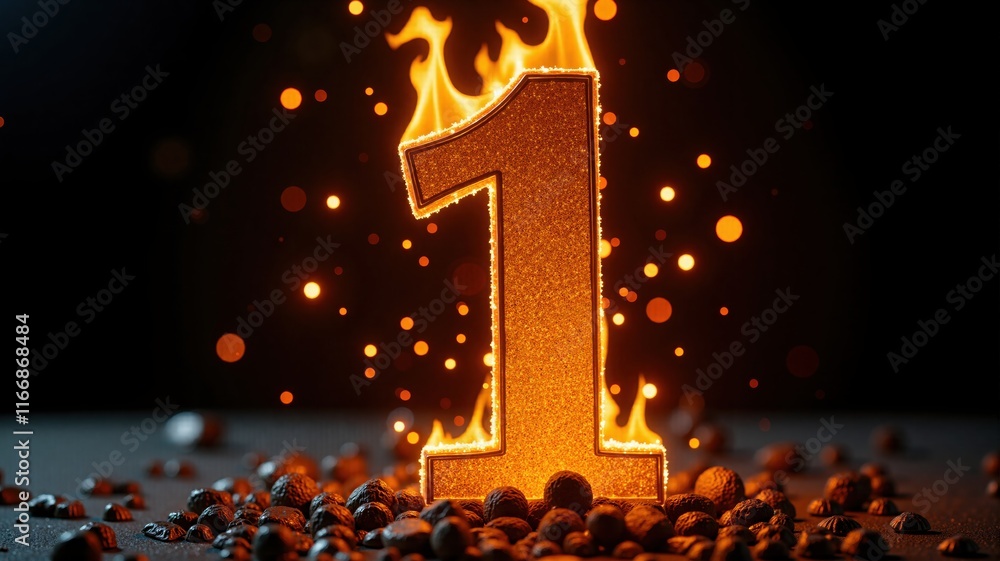 Aesthetic 3d shape of number one with flame on background, abstract ...