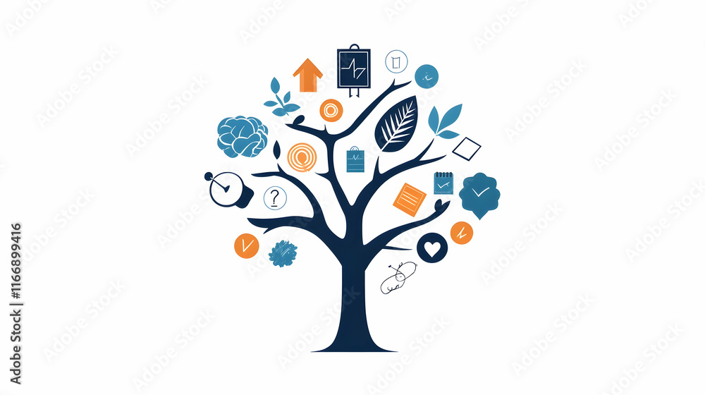 Growth strategy concept; tree with icons representing planning, ideas ...