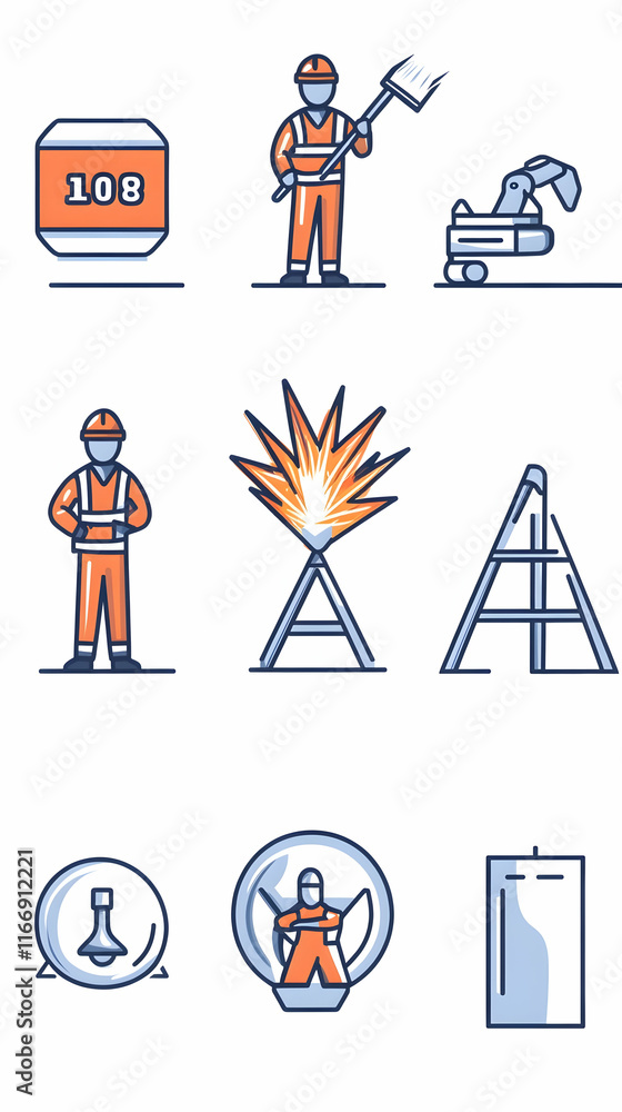 Construction worker icons safety, welding, demolition, and electrical ...