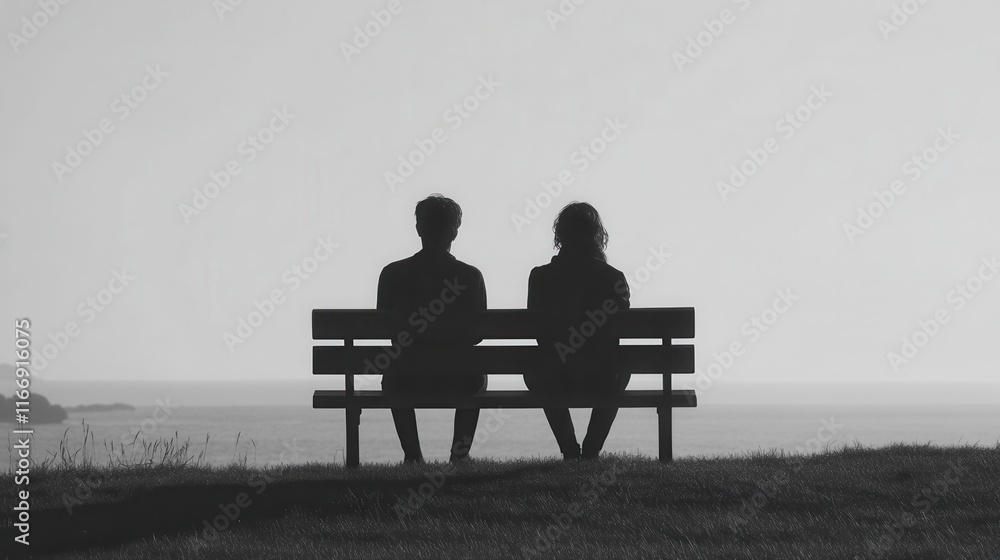 two people sitting side by side on a park bench, looking out at the ...
