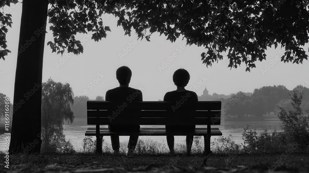 two people sitting side by side on a park bench, looking out at the ...
