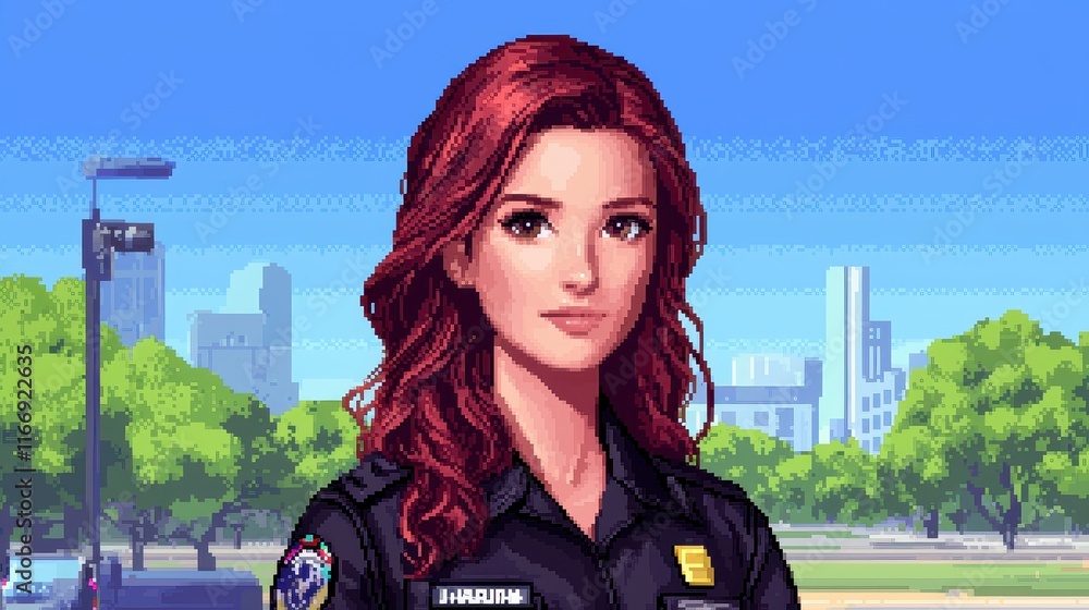 Pixel Art Woman Police Officer City Park Background Red Hair Female ...