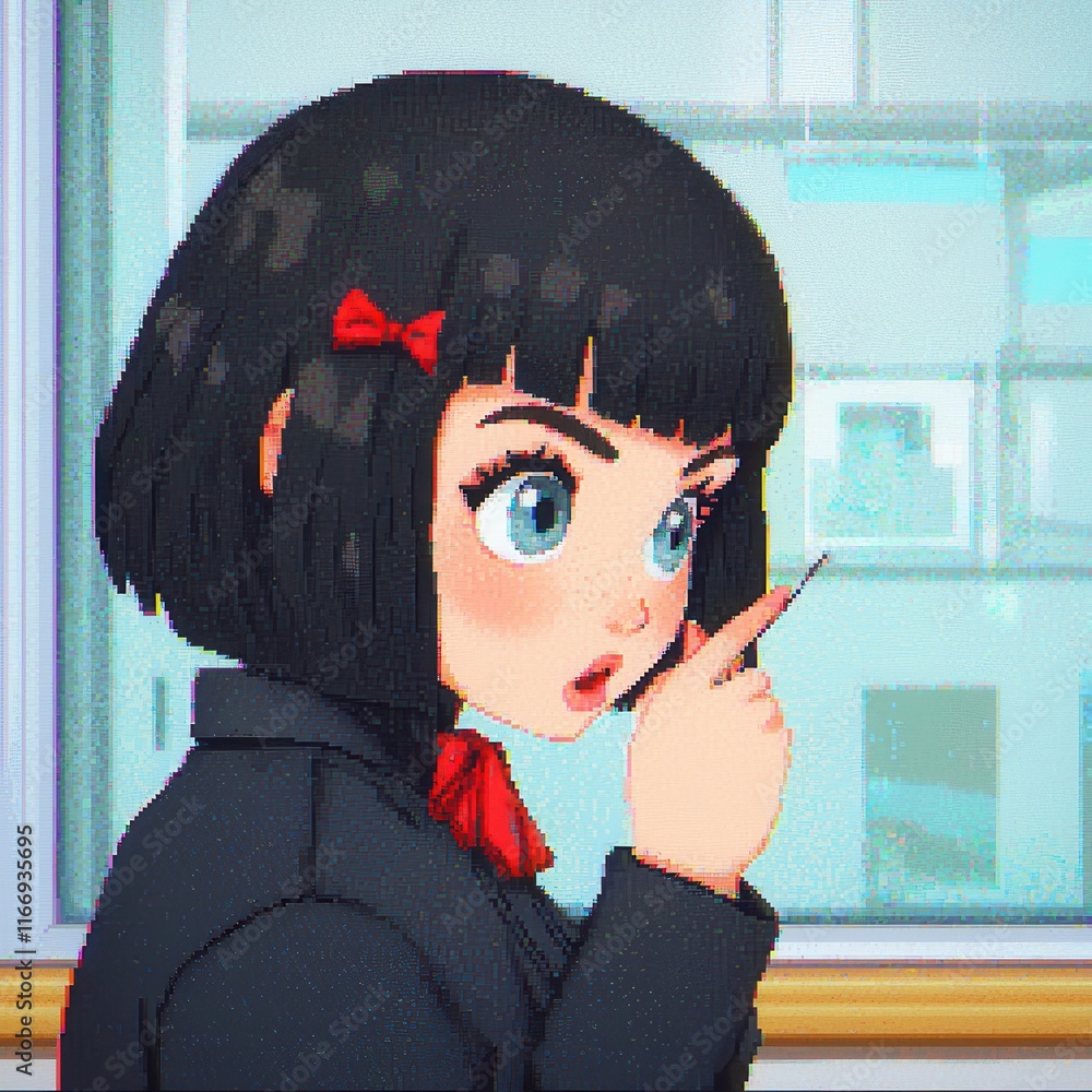 Anime Girl Student with Bob Haircut Red Bow Thinking Pixel Art Style ...